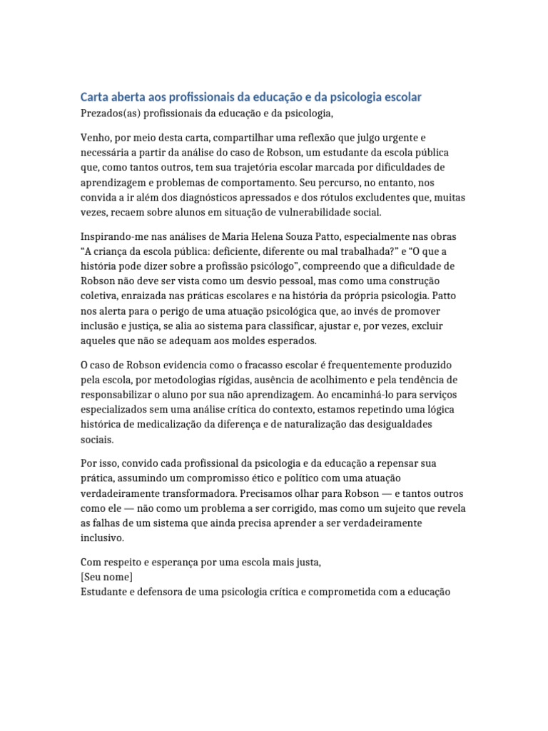 Carta Caso Robson Maria Helena Patto | PDF
