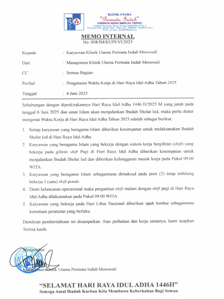 Memo Internal Hari Raya Idul Adha 2025 | PDF