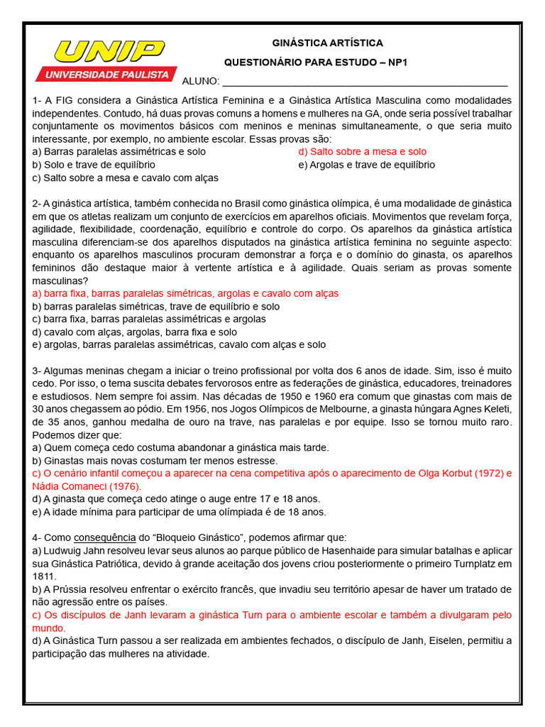 Guia de Estudo NP1 - Gabaritado | PDF | Ginástica