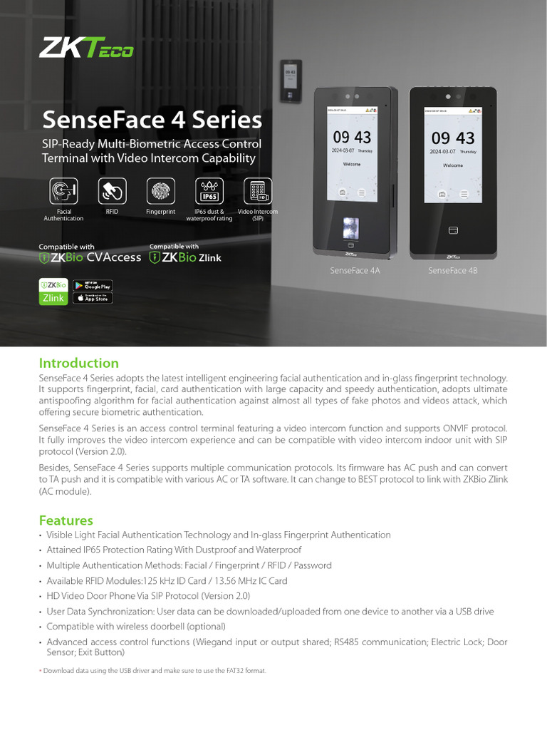 SenseFace 4 Series Datasheet 20250513 | PDF | Access Control | Authentication
