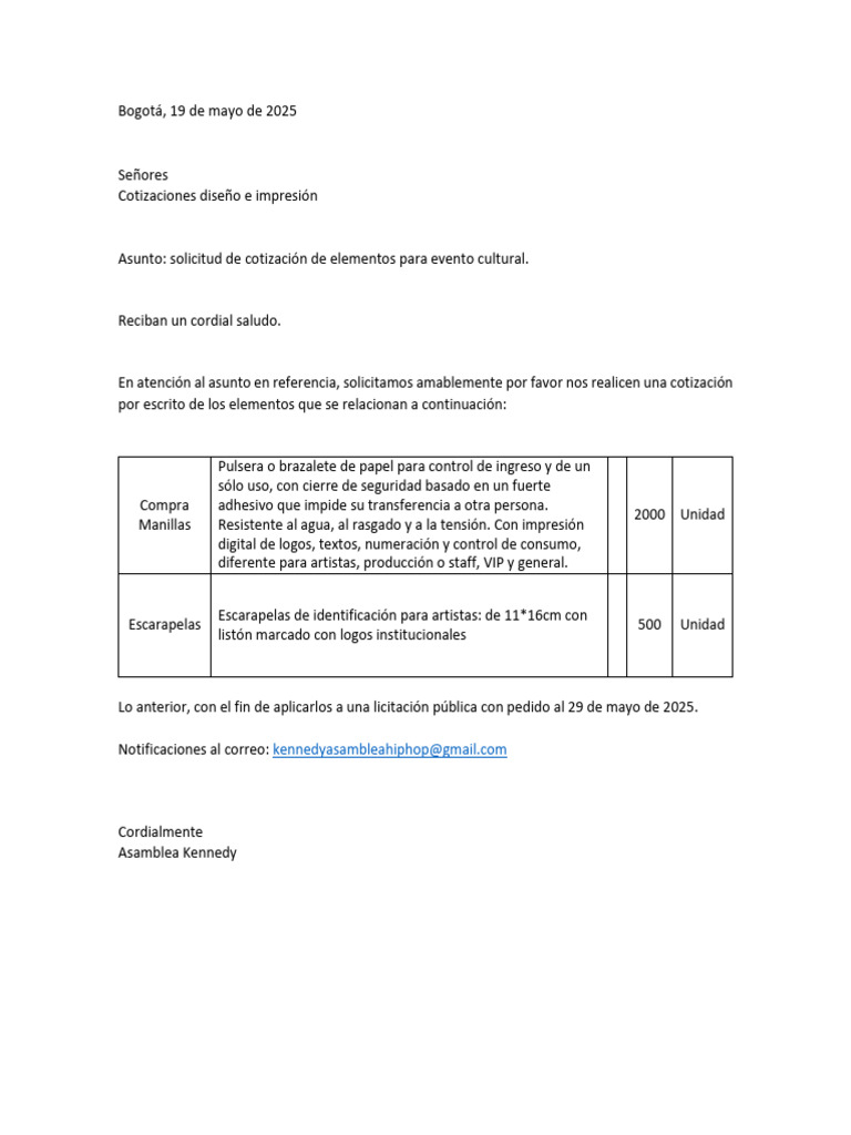 Cotizacion Manillas y Escarapelas | PDF