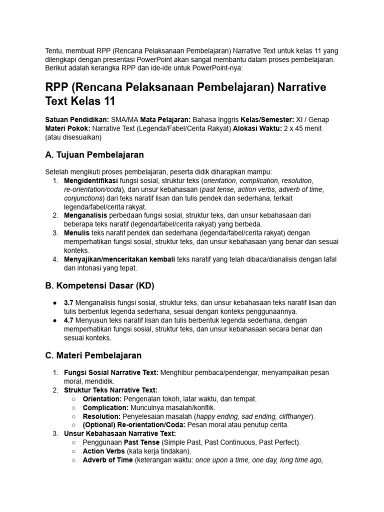 RPP PowerPoint Narrative Text Kelas 11 | PDF