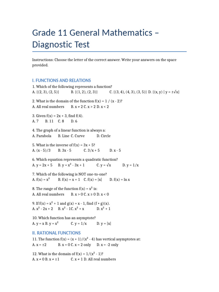Grade11 GeneralMathematics DiagnosticTest | PDF | Mathematics ...
