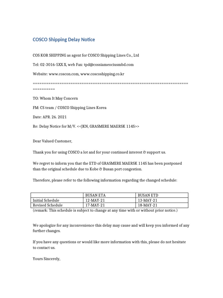 COSCO Delay Notice | PDF