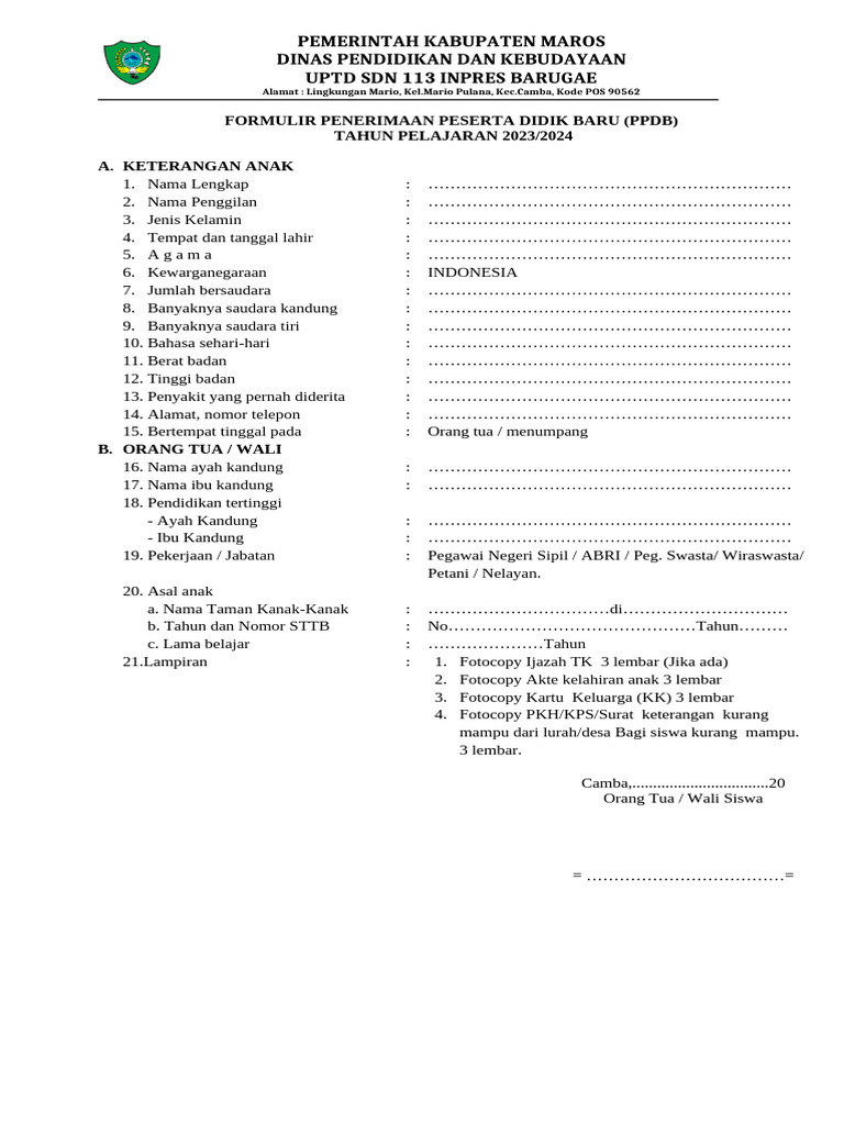 Formulir PPDB SDN 113 Maros 2023/2024 | PDF