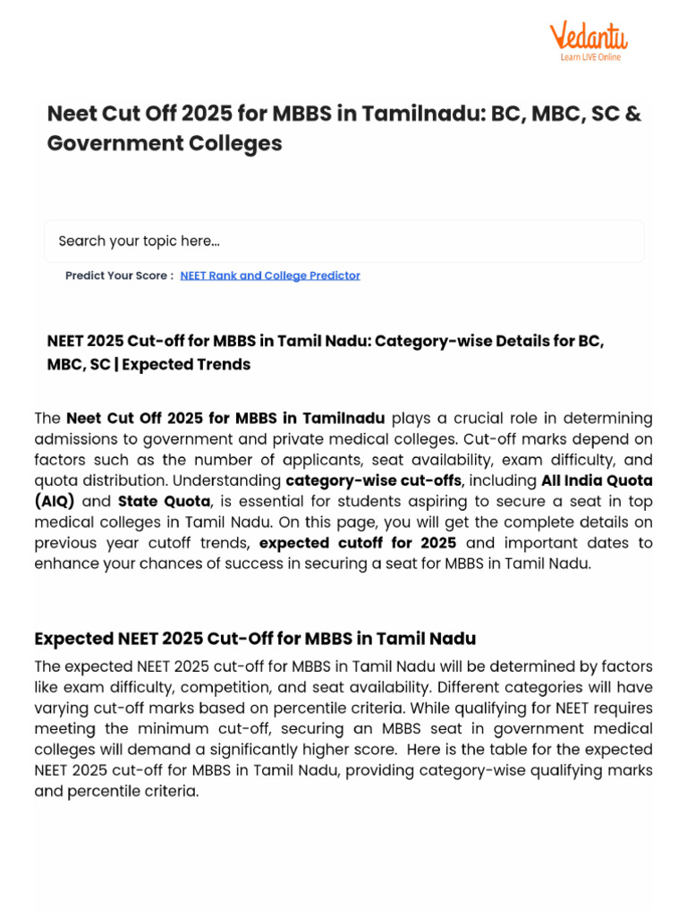 Neet Cut Off 2025 for MBBS in Tamilnadu_ BC, MBC, SC & Government Colleges | PDF