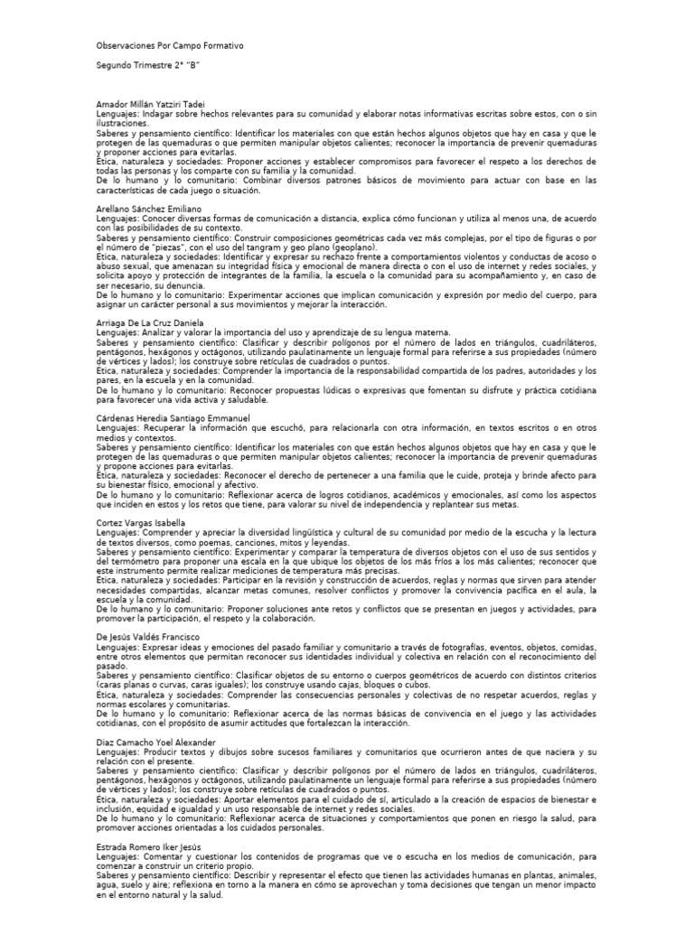 Observaciones Por Campo Formativo Segundo Trimestre 2°B | PDF | Pensamiento | Sociedad