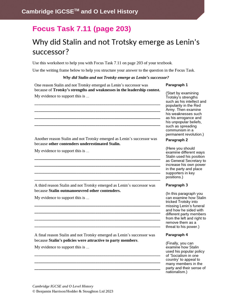 Worksheet - Focus Task 7.11 - Why Did Stalin and Not Trotsky Emerge As ...