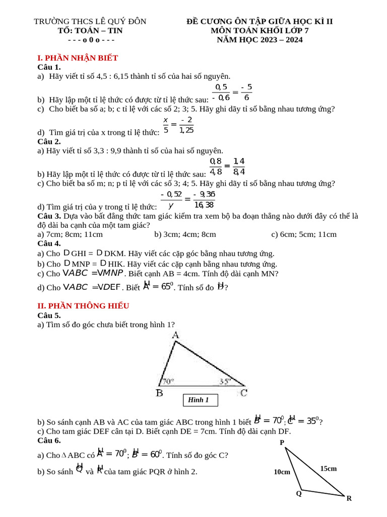 2. Toán 7 - đề Cương Gk2 - Lqđ - Nh23-24 Sửa | PDF
