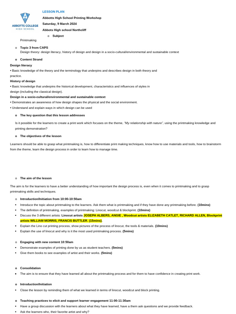 Lesson Plan 1 Pdf Printmaking Learning