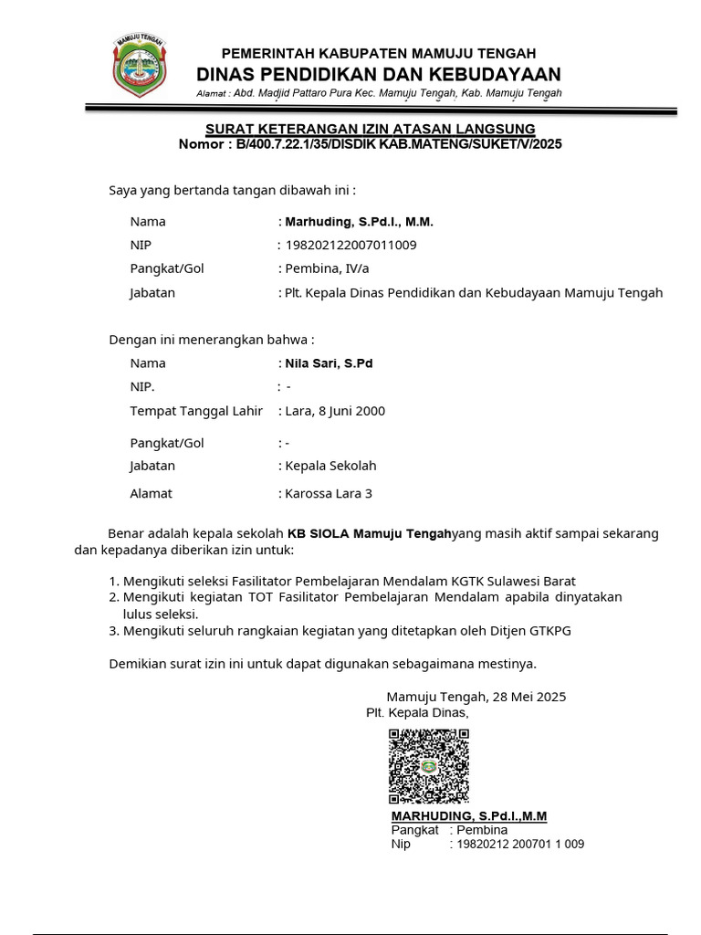 Izin Seleksi Fasilitator KGTK 2025 | PDF