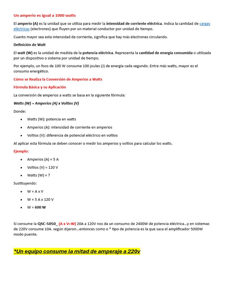 Un Amperio Es Igual A 1000 Watts | PDF