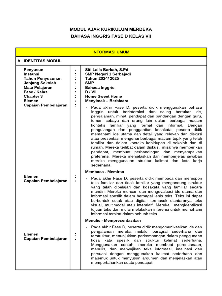 Modul Ajar Laila-Chapter 3 - Home Sweet Home | PDF