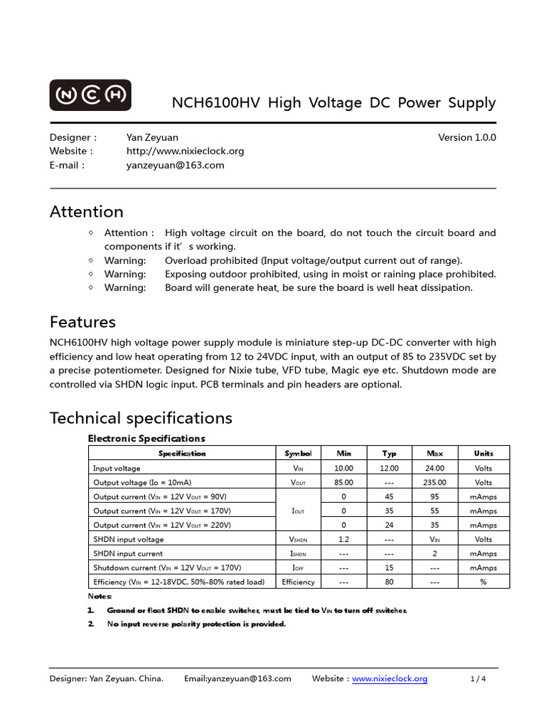 NCH6100HV NIXIE Power Supply Datasheet en v1.0.0 | PDF | Power Supply | Voltage