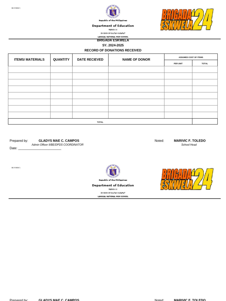 Lnhs Brigada Eskwela Form 5 Records of Donations Received 1 | PDF