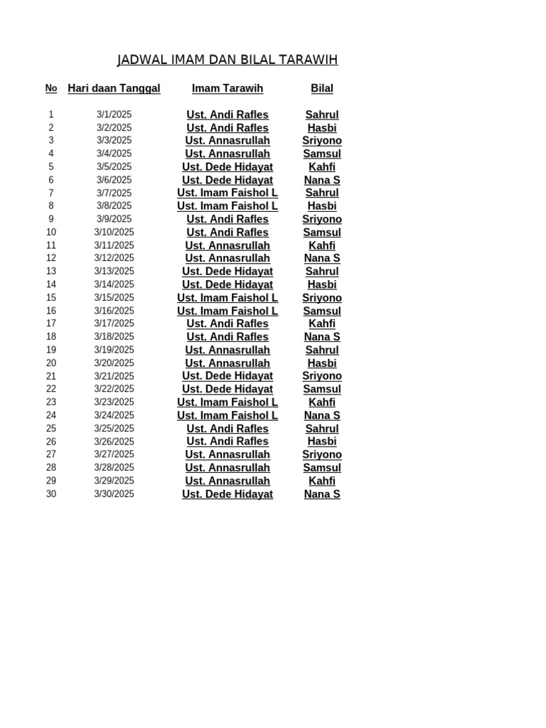 Jadwal Imam & Bilal Tarawih | PDF
