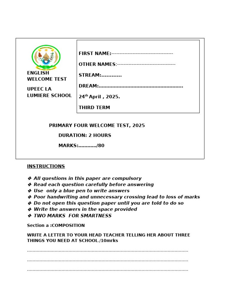 Primary Six Welcome Test 2025 | PDF