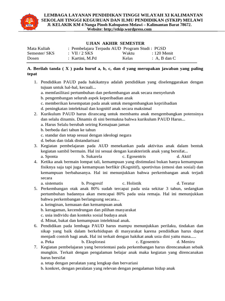 Ujian Akhir Semester PGSD STKIP Melawi | PDF