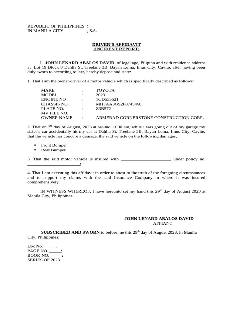 Drivers Affidavit of David | PDF