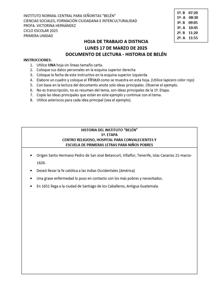2025 HOJA DE TRABAJO-1a. ETAPA-HISTORIA DE BELÉN | PDF