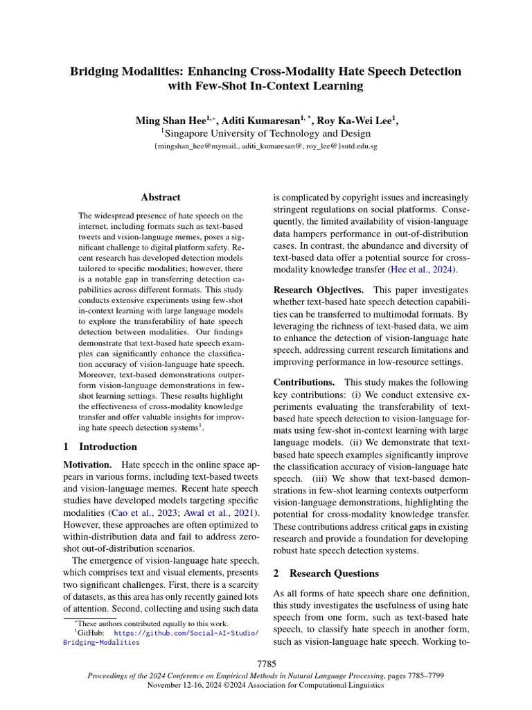 Bridging Modalities Enhancing Cross-Modality Hate Speech Detection | PDF | Stereotypes | Hatred