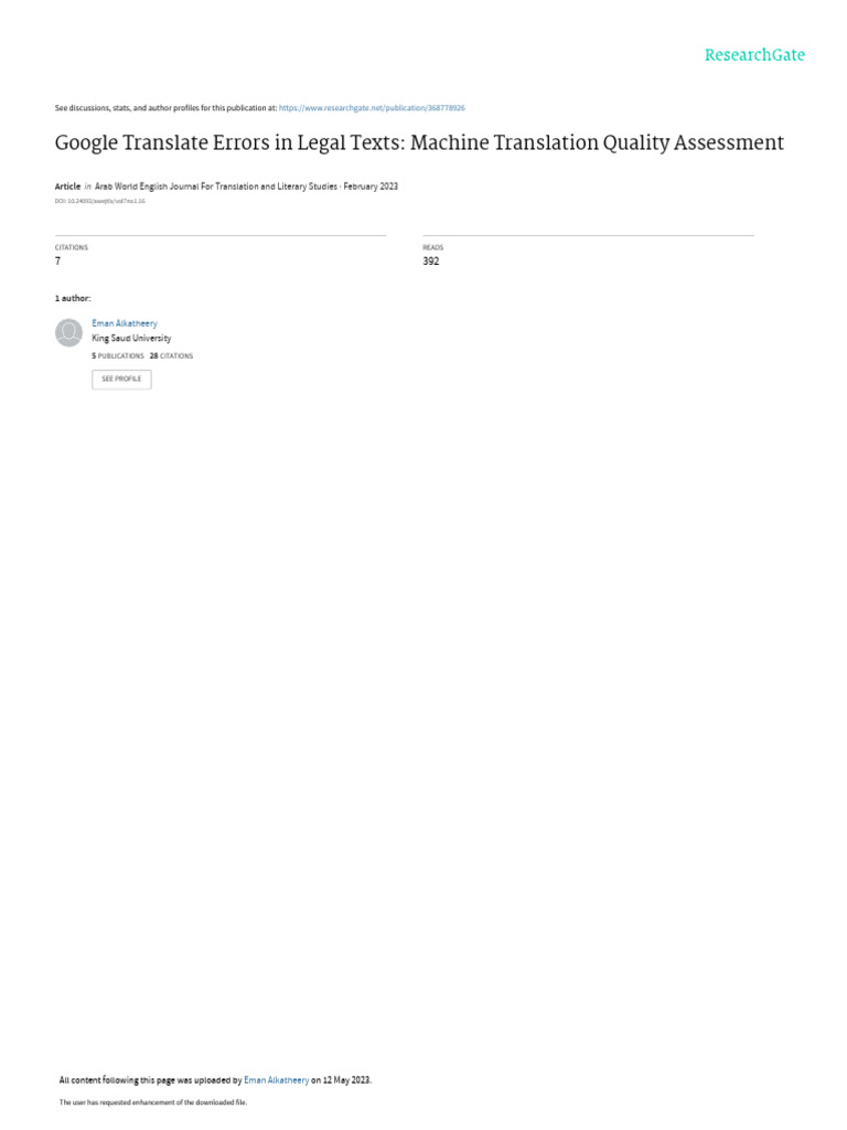 Google Translate Errorsin Legal Texts Machine Translation Quality ...