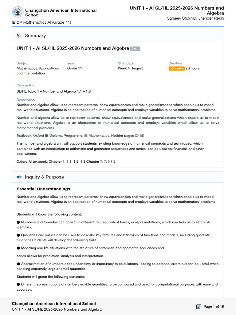 AI SL/HL 2025: Numbers and Algebra Overview | PDF | Matrix (Mathematics ...