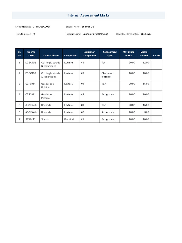 Student Internal Assessment Marks | PDF