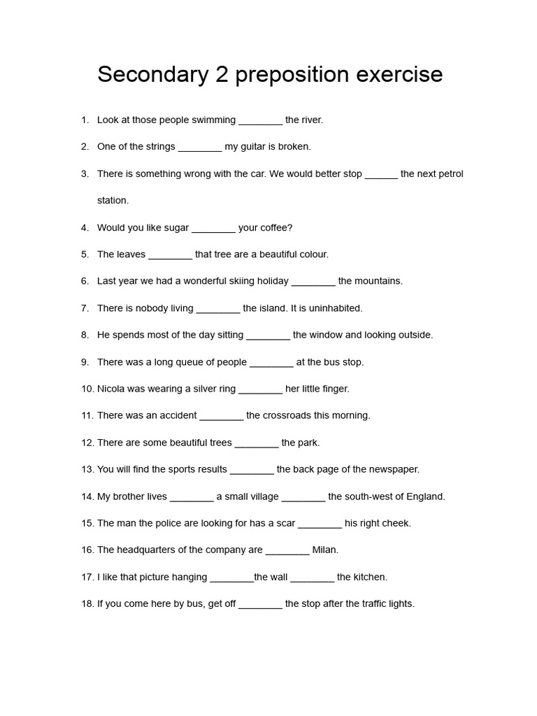 Secondary 2 Preposition Practice | PDF