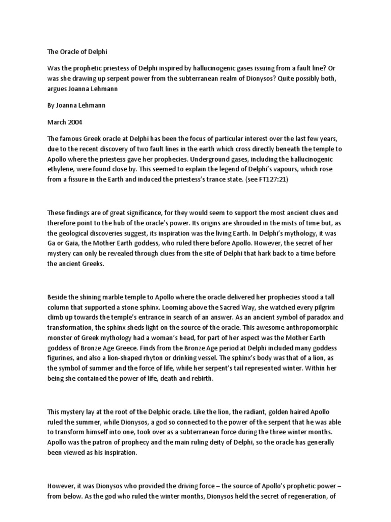 The Oracle of Delphi: Hallucinogenic Gases and Serpent Power | PDF ...