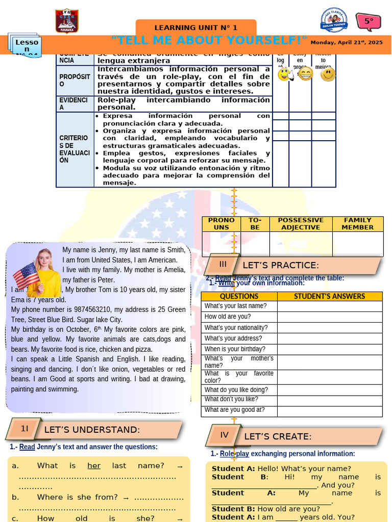 5° Ficha de Actividades Week #04 UNIT 1 | PDF