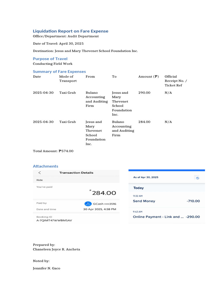 Liquidation Report Fare Expense | PDF