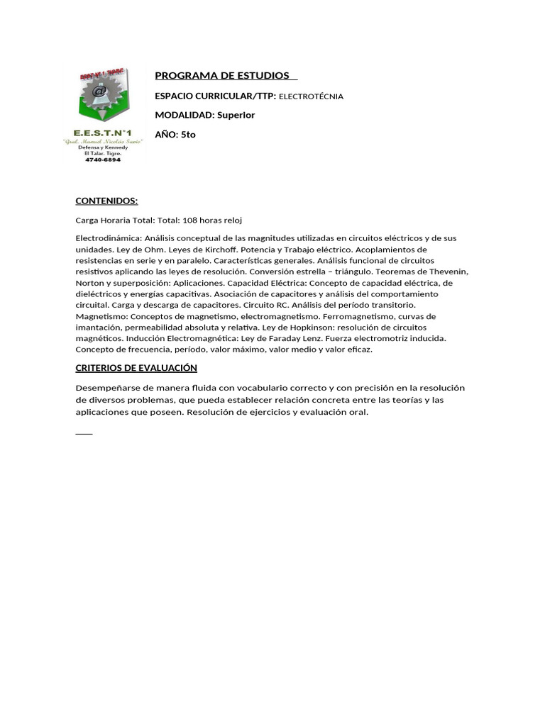 Modelo Programa EEST Nº1 5to ELECTROTÉCNIA | PDF