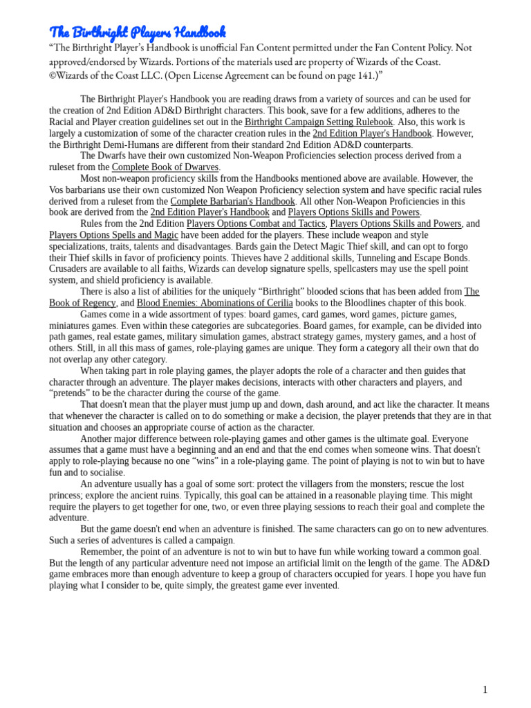 Birthright Players Handbook Guide | PDF