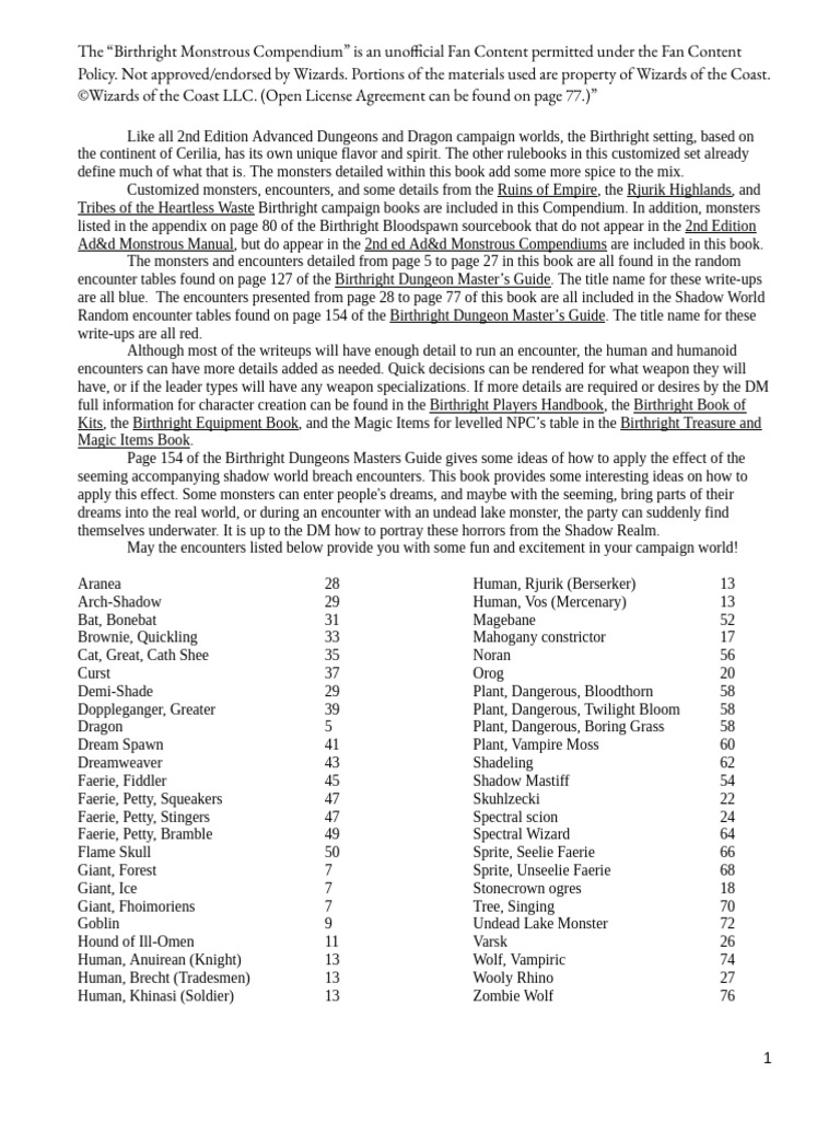 1 The Birthright Monstrous Compendium | PDF