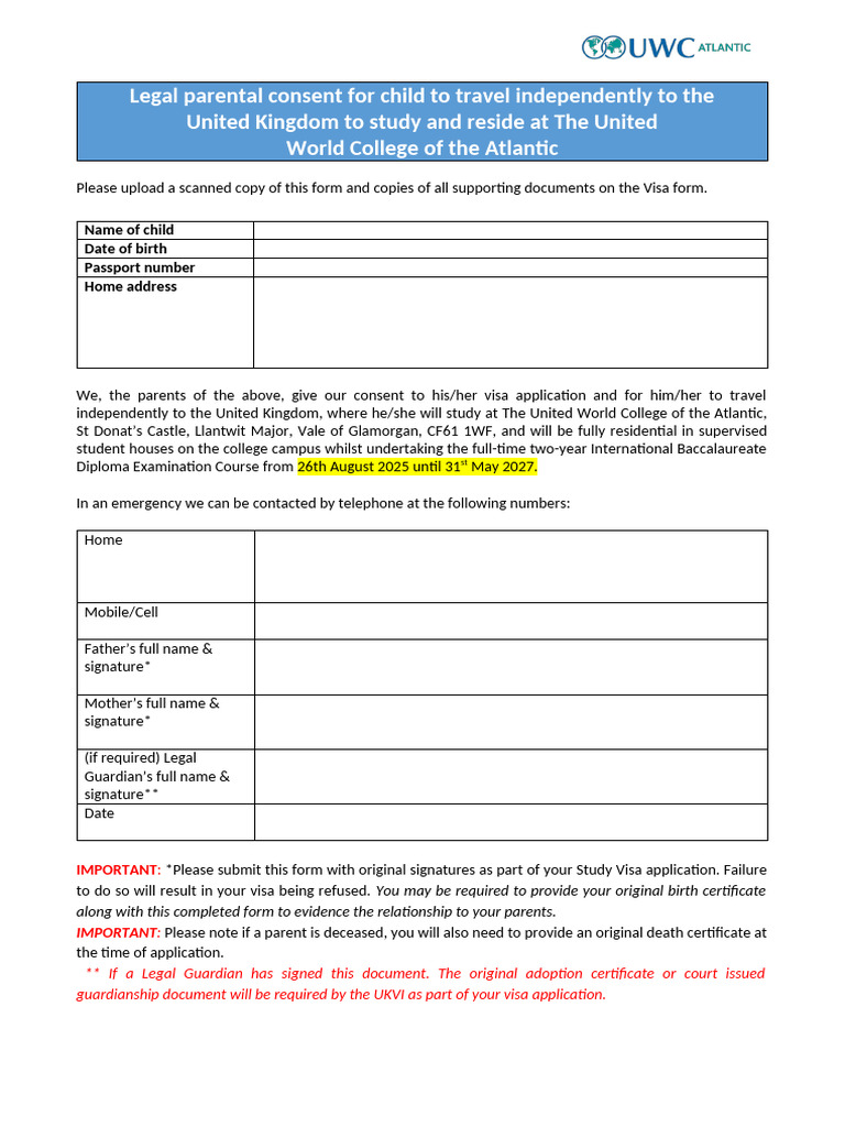 Parental Consent for UK Visa Application | PDF