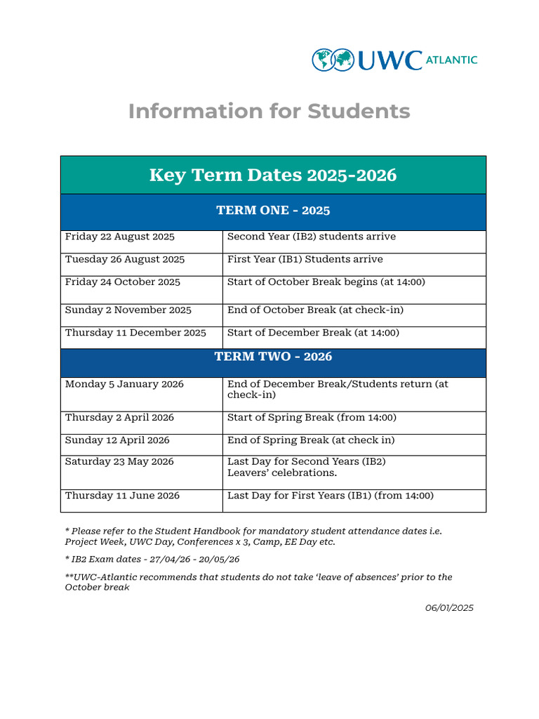 UWC Atlantic College Term Dates 2025-26 | PDF
