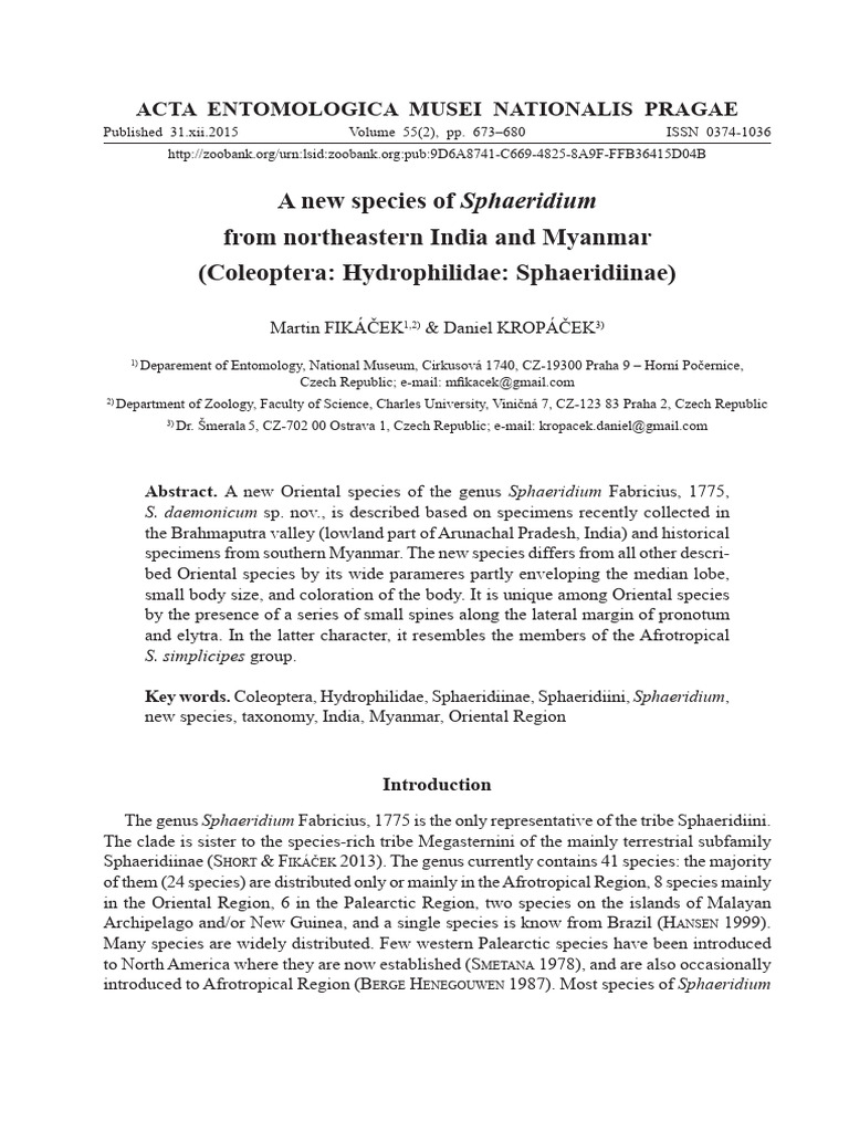 A New Species of Sphaeridium From Northeastern India and Myanmar ...