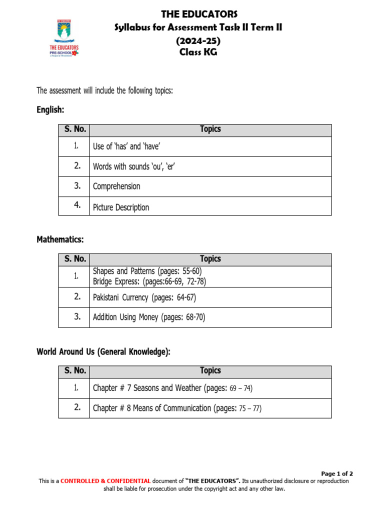 Compiled KG Syllabus Assessment Task 2 Term II | PDF