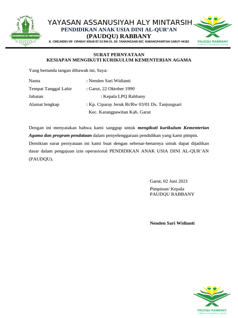 Surat Pernyataan PAUDQU Rabbany Garut | PDF