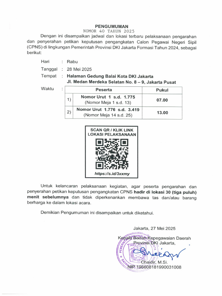 Pengumuman Kepala BKD Nomor 40 Nomor 2025 | PDF