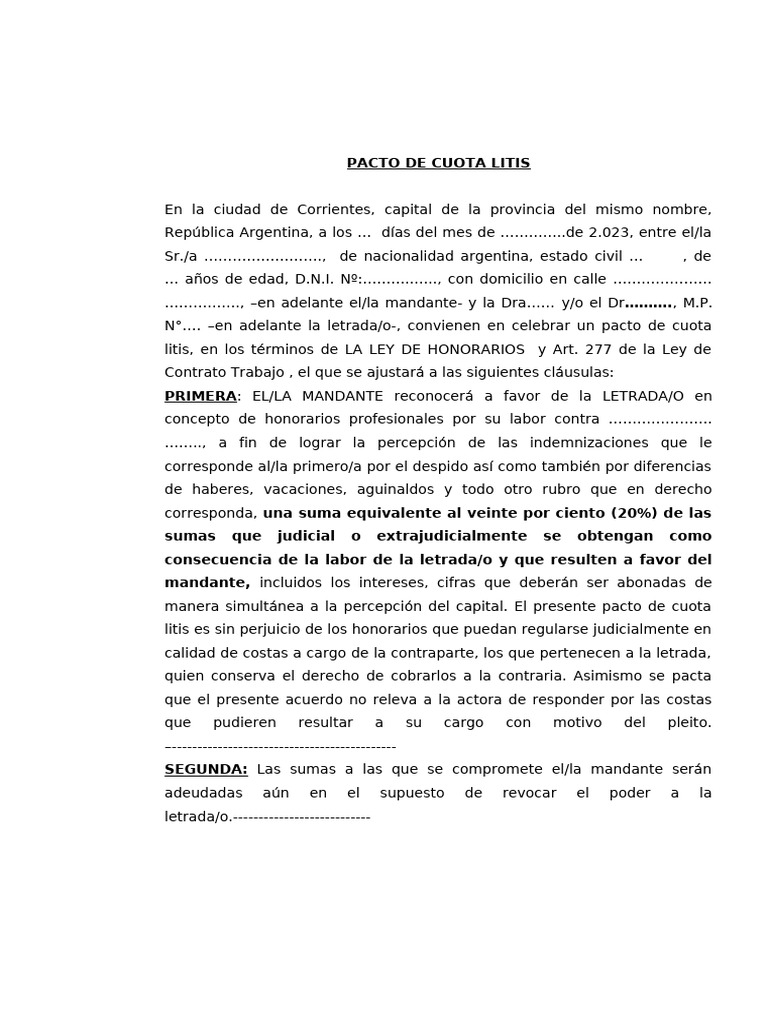Modelo PACTO DE CUOTA LITIS | PDF
