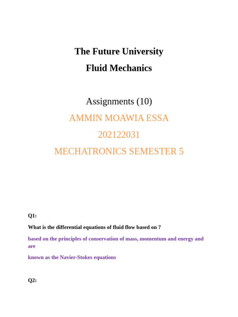 AMMIN MOAWIA ESSA 202122031 Mechatronics 5 (Fluid Mechanics Assignment 10) | PDF