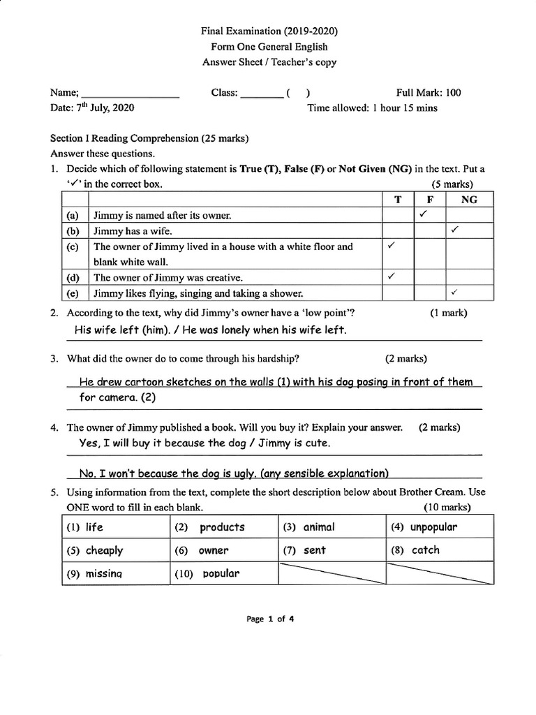 S1 English ANS | PDF