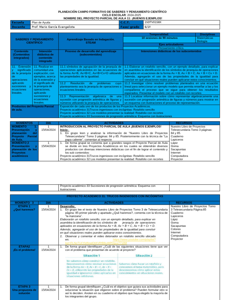 1º Proyecto Ppa 11 Saberes y Pensamiento Cientifico Telesecundaria | PDF | Ecuaciones | Creatividad