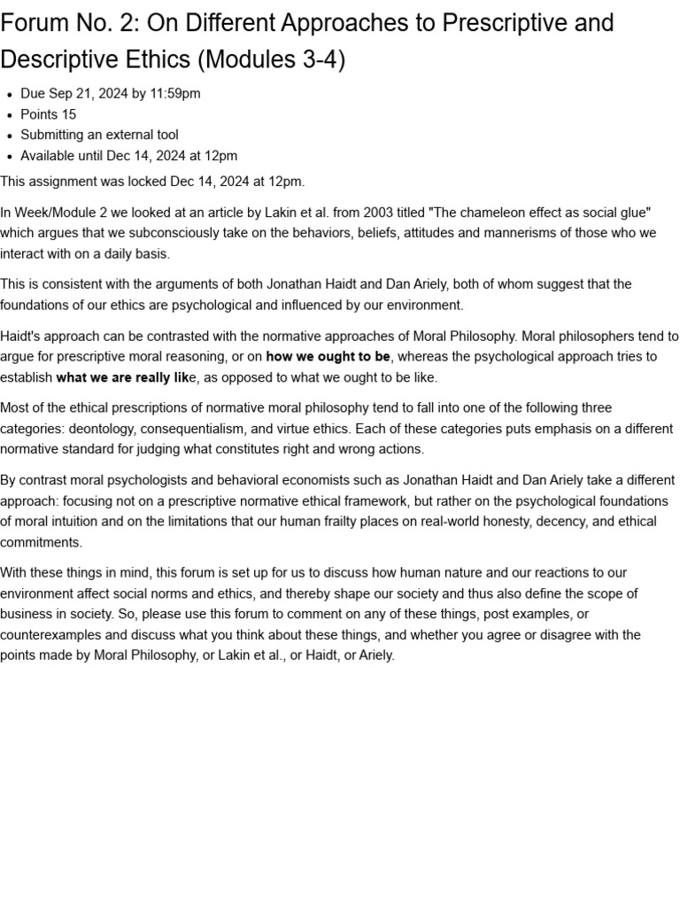 Forum No. 2 - On Different Approaches To Prescriptive and Descriptive Ethics (Modules 3-4) | PDF