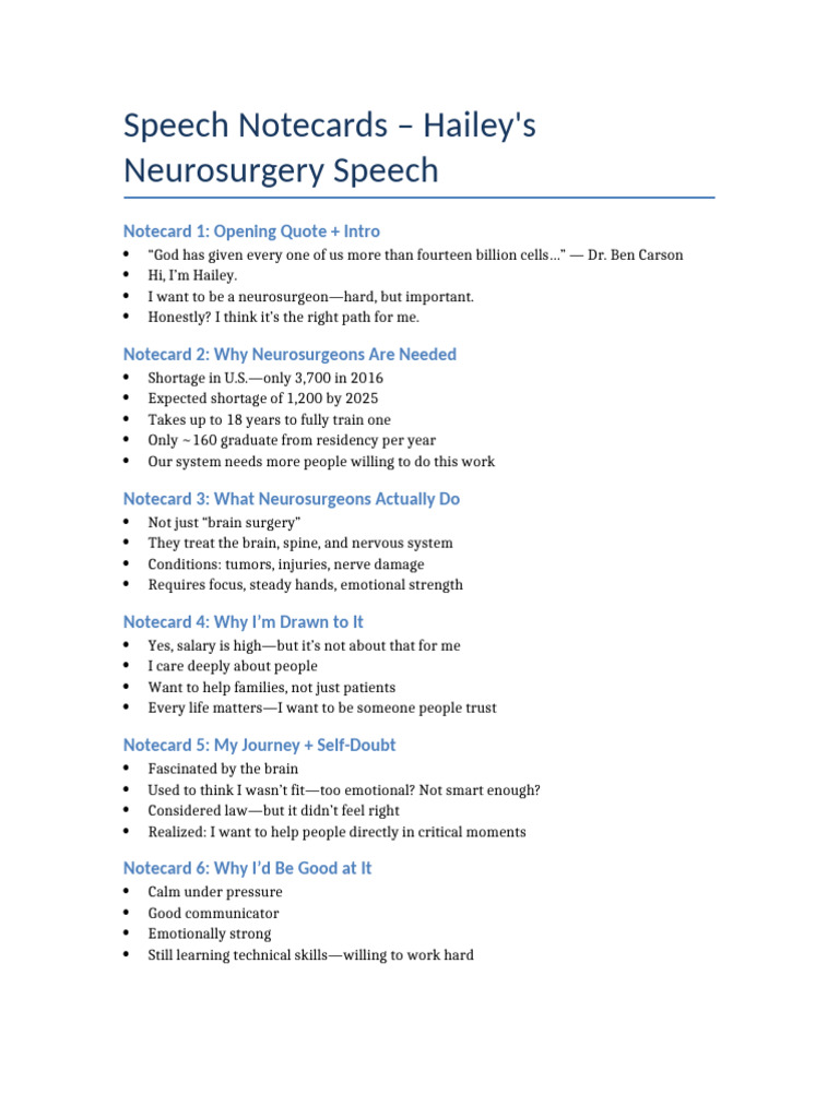 Hailey Neurosurgeon Speech Notecards | PDF