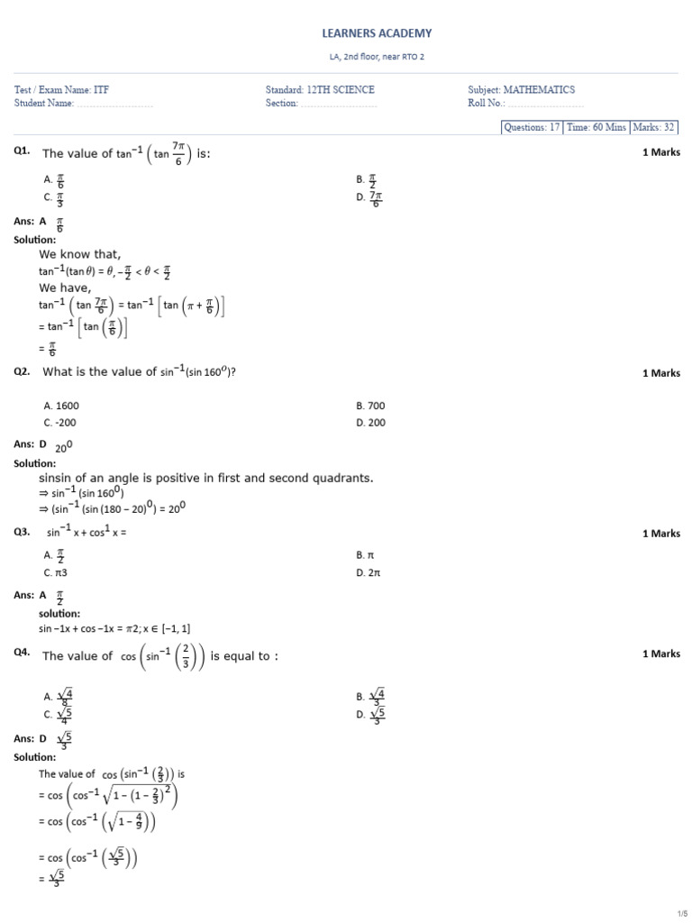 ITF-12TH SCIENCE-MATHEMATICS-Answersheet | PDF | Mathematics