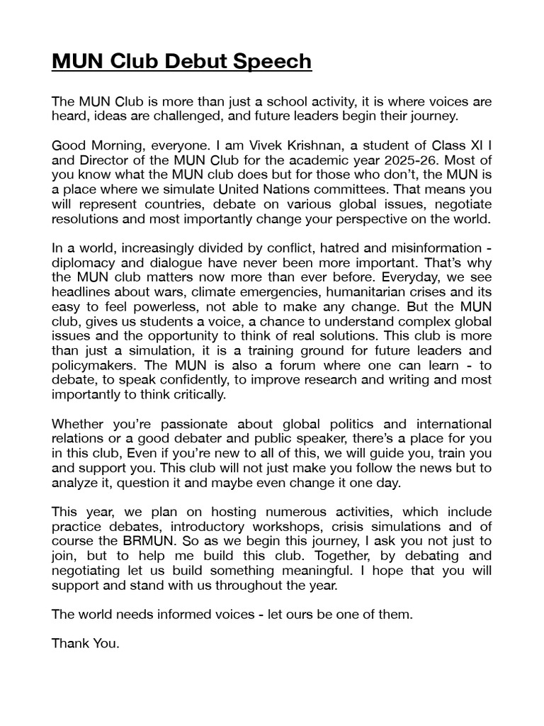 MUN Debut Speech | PDF