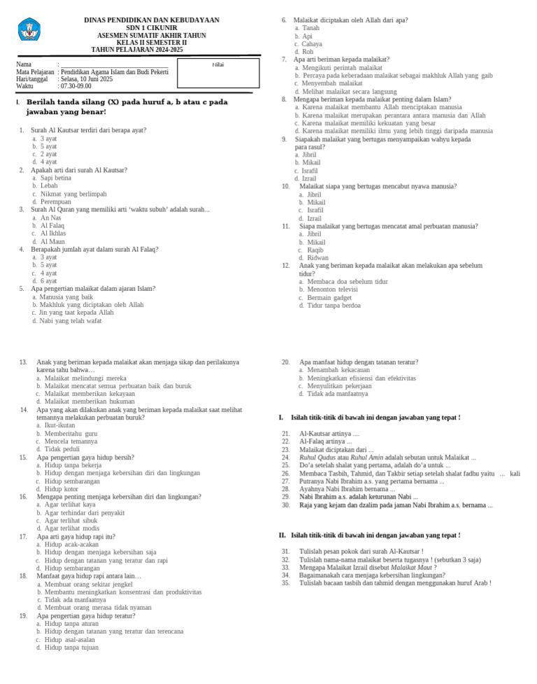 Soal Asat Pai Kelas 2 Genap 2025 | PDF
